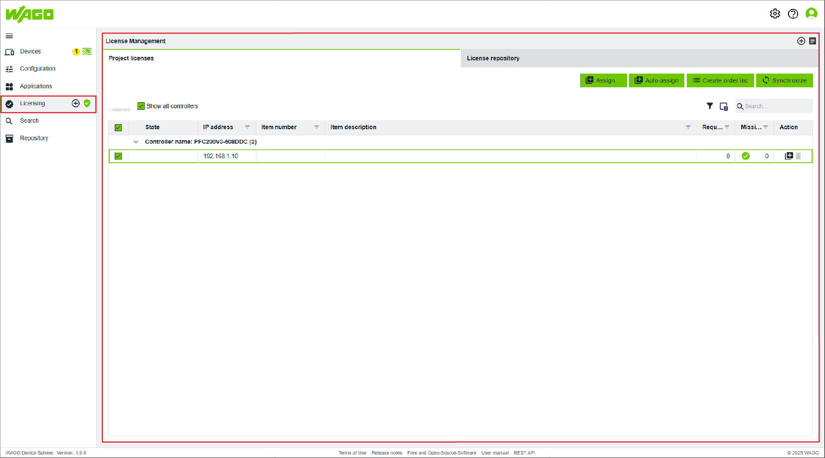 “Licensing“ Menu Item